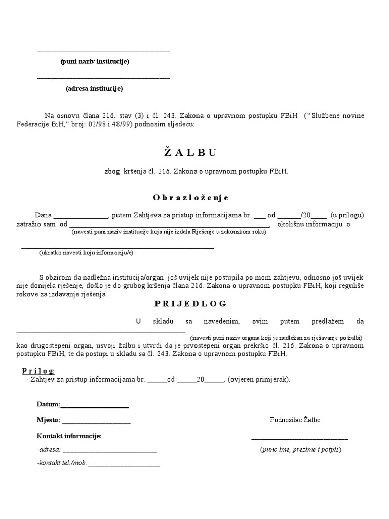 Urnek Zalba Zbog Sutnje Administracije | PDF