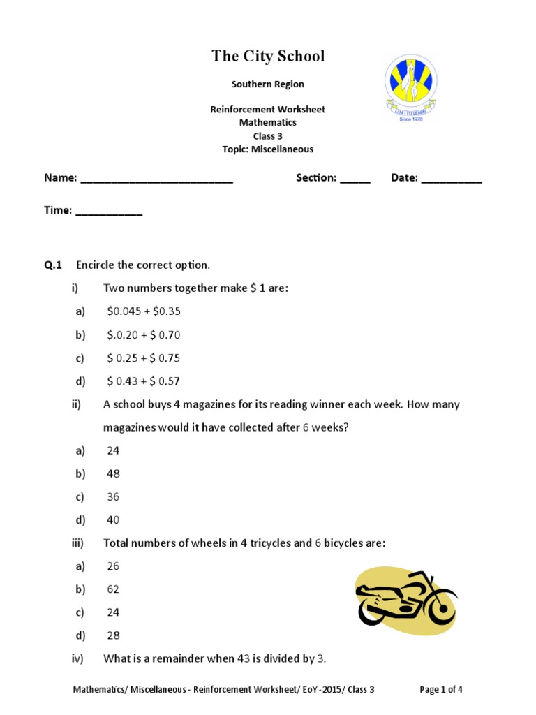 Class 3 Reinforcement Worksheet Miscellaneous | PDF | Mathematics ...