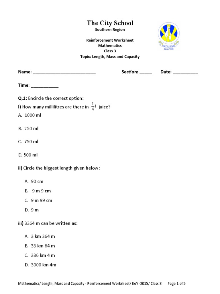 Class 3 Reinforcement Worksheet Length Mass and Capacity | PDF | Litre ...