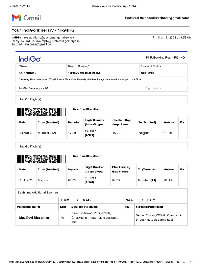 Gmail - Your IndiGo Itinerary - NR94HG | PDF | Airport | Identity Document