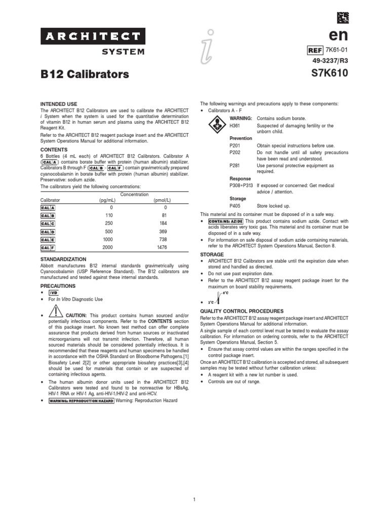 B12 Calibrators: System | PDF | Vitamin B12 | Infection