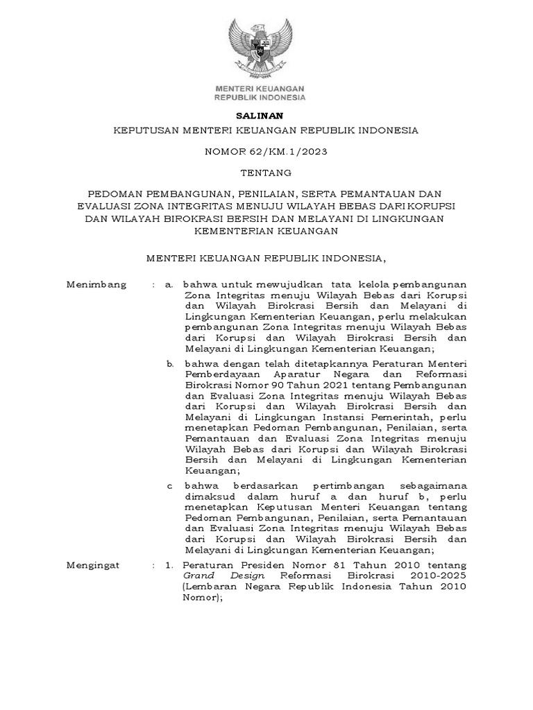 KMK 62 KM.1 2023 (Pedoman Pembangunan ZI WBK WBBM Kemenkeu) | PDF