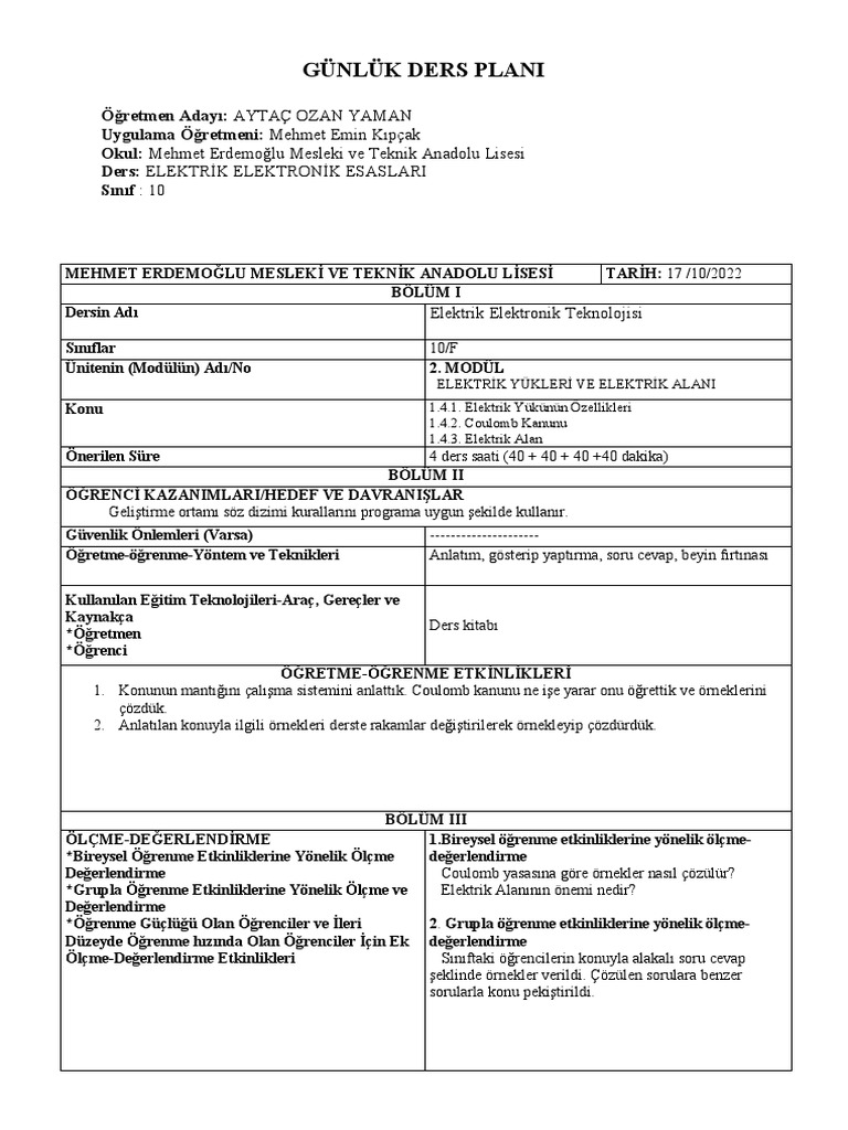 Günlük Ders Plani | PDF