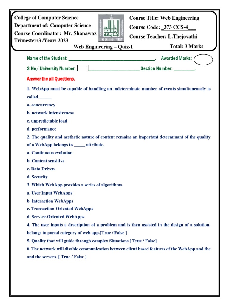 Name of The Student: - Awarded Marks: S.No/ University Number ...