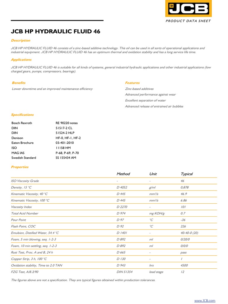 JCB HP HYDRAULIC FLUID 46 - en | PDF | Chemistry | Applied And Interdisciplinary Physics
