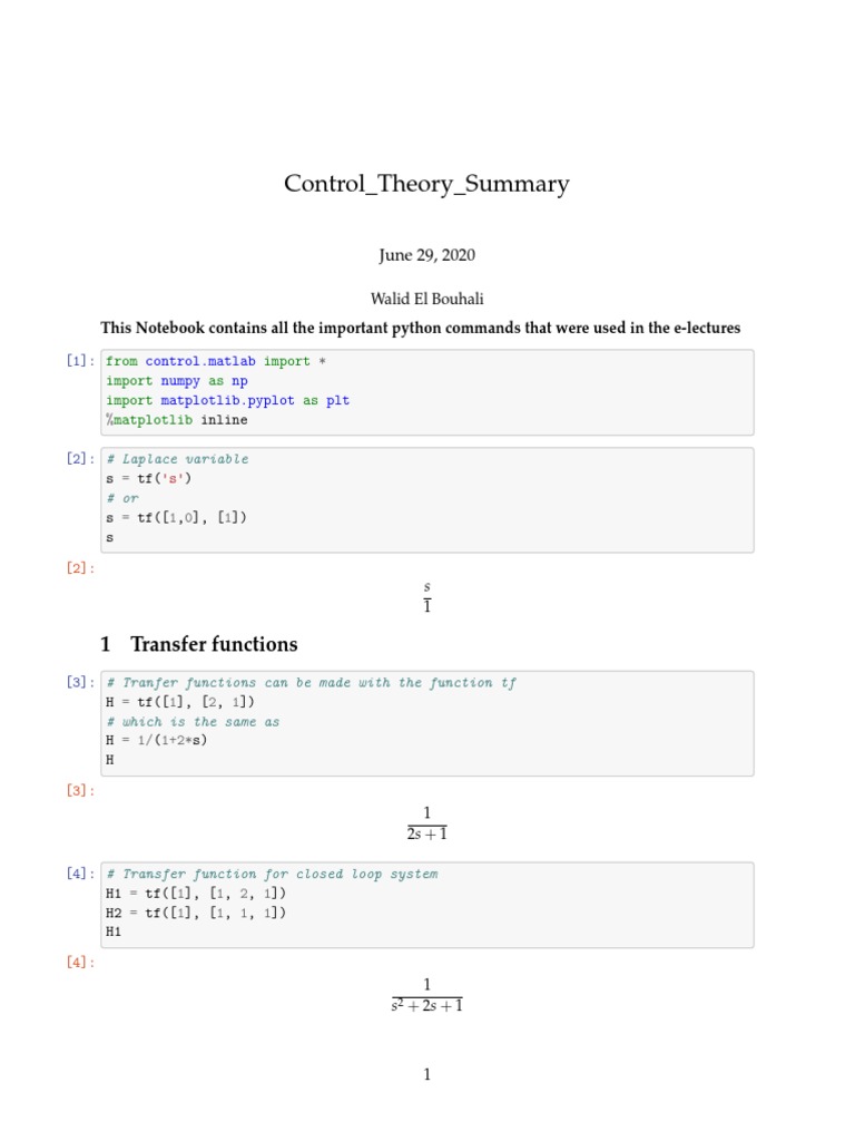 A Summary of Control Theory Concepts: Transfer Functions, Signals, Poles and Zeroes, State-Space ...