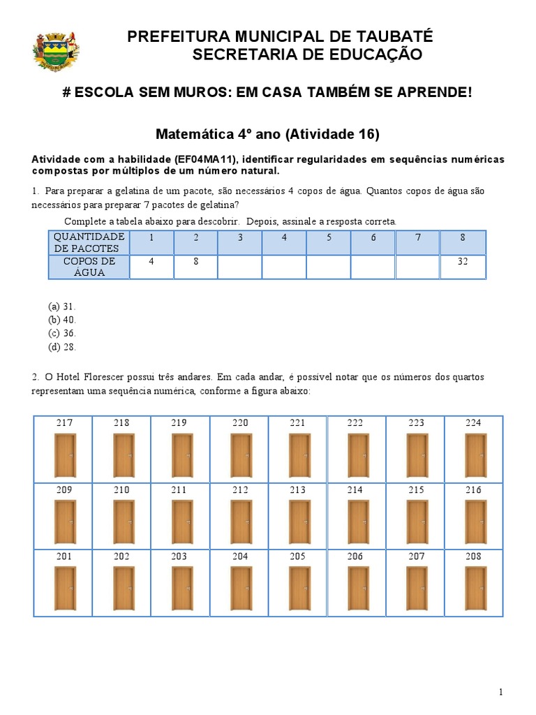 4ano MATEMATICA Ativ 16 Identificar Regularidades em Sequ Ncias Num®ricas | PDF