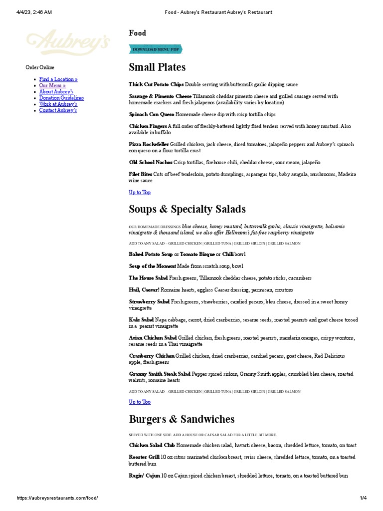 Food - Aubrey's Restaurant Aubrey's Restaurant | PDF | Hamburgers | Salad