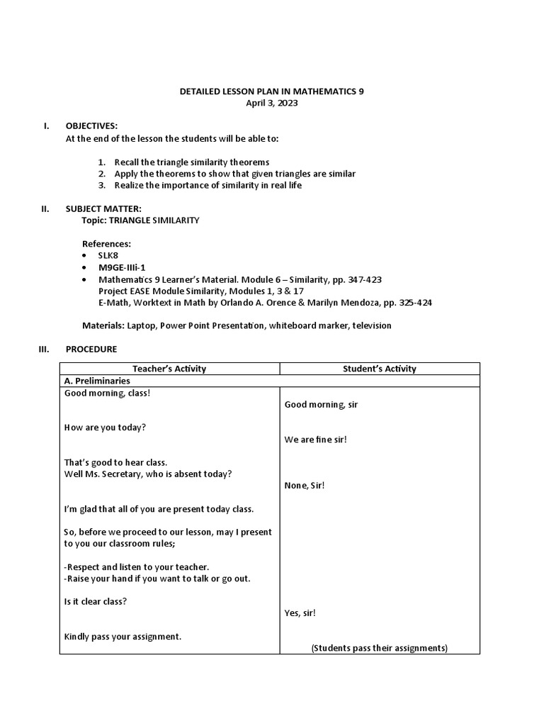 Grade 9 Lesson Plan: Triangle Similarity | PDF | Triangle | Euclidean ...