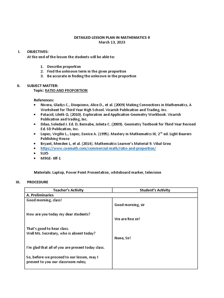 Detailed Lesson Plan in Ratio and Proportion Week 5 Day 1 | PDF | Ratio ...