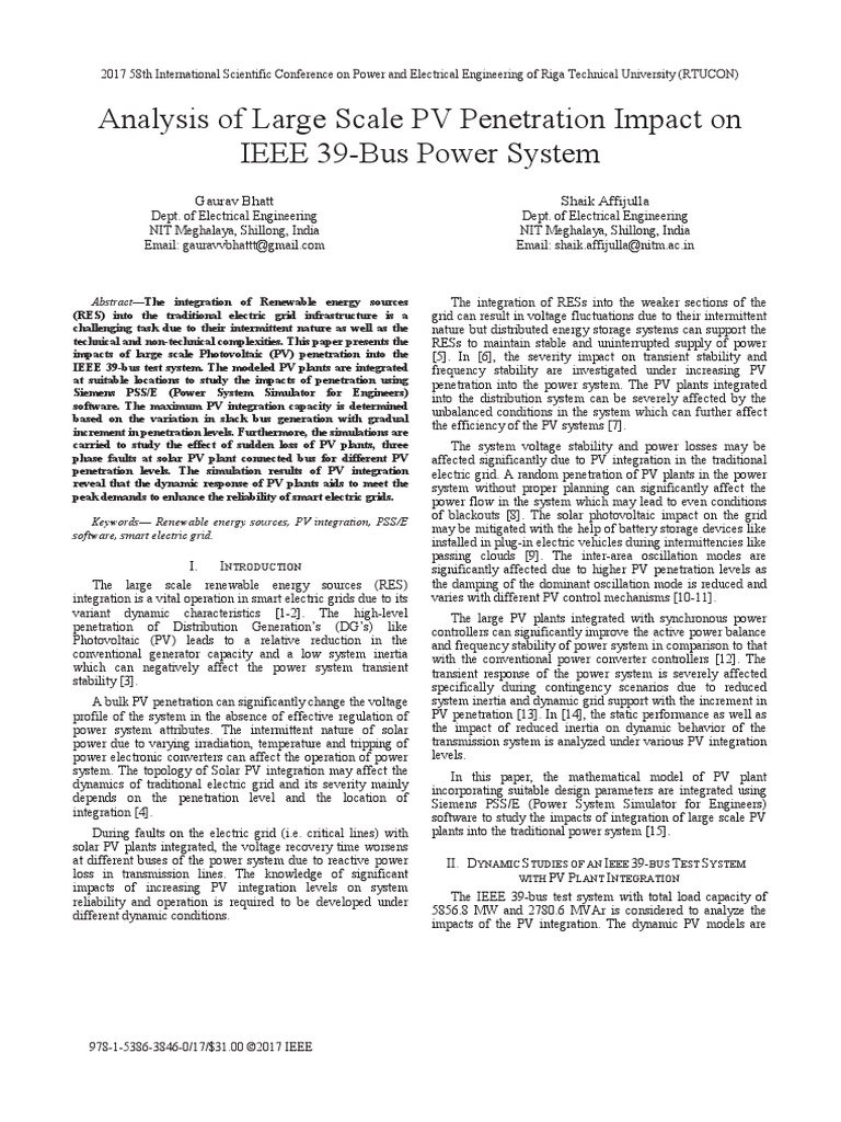 Analysis of Large Scale PV Penetration Impact On IEEE 39-Bus Power System | PDF | Sustainable ...