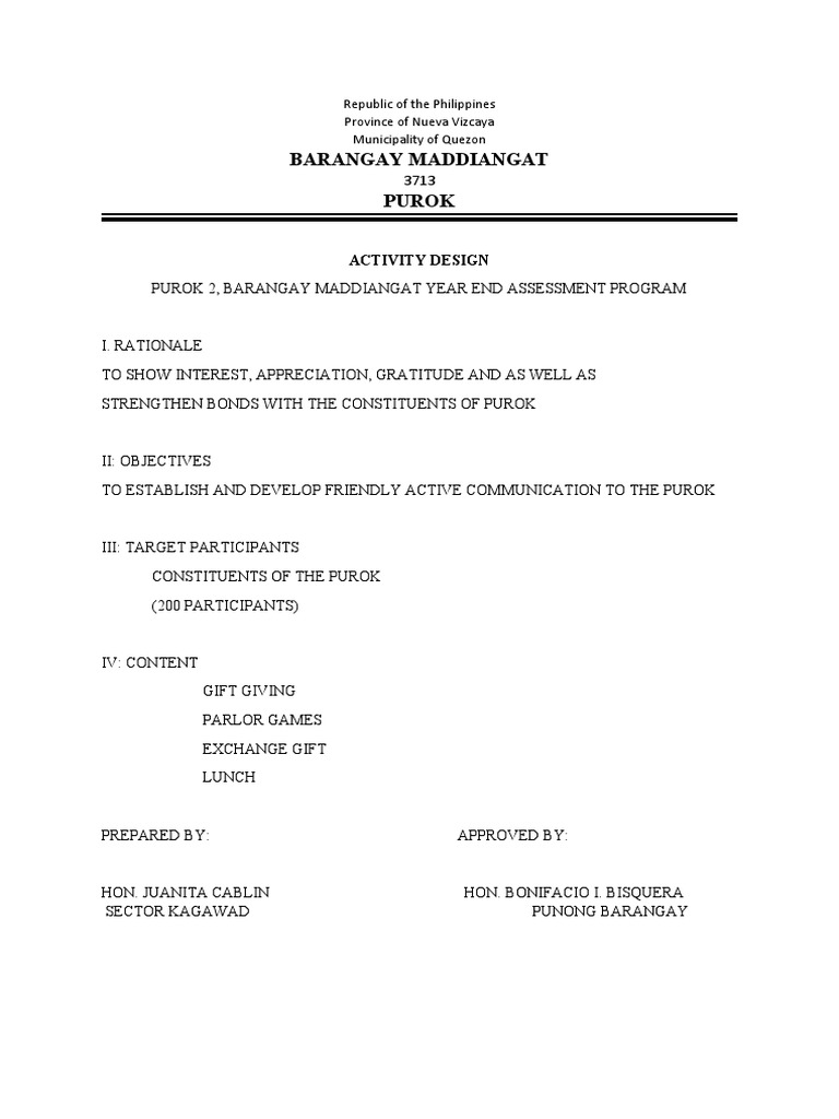 Barangay Maddiangat Purok: Activity Design | PDF