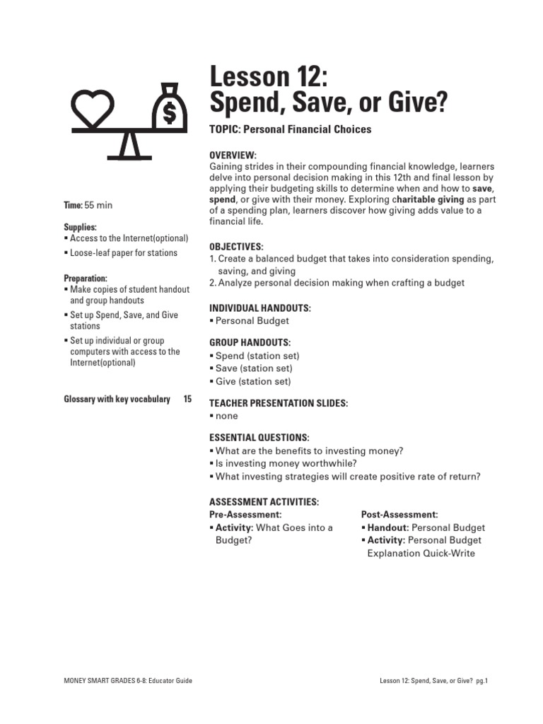 Lesson 12: Spend, Save, or Give?: TOPIC: Personal Financial Choices ...