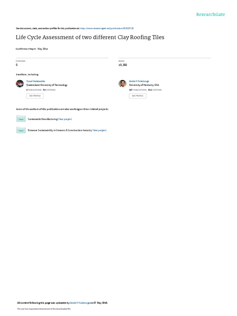 Life Cycle Assessment of Two Different Clay Roofing Tiles: Conference ...