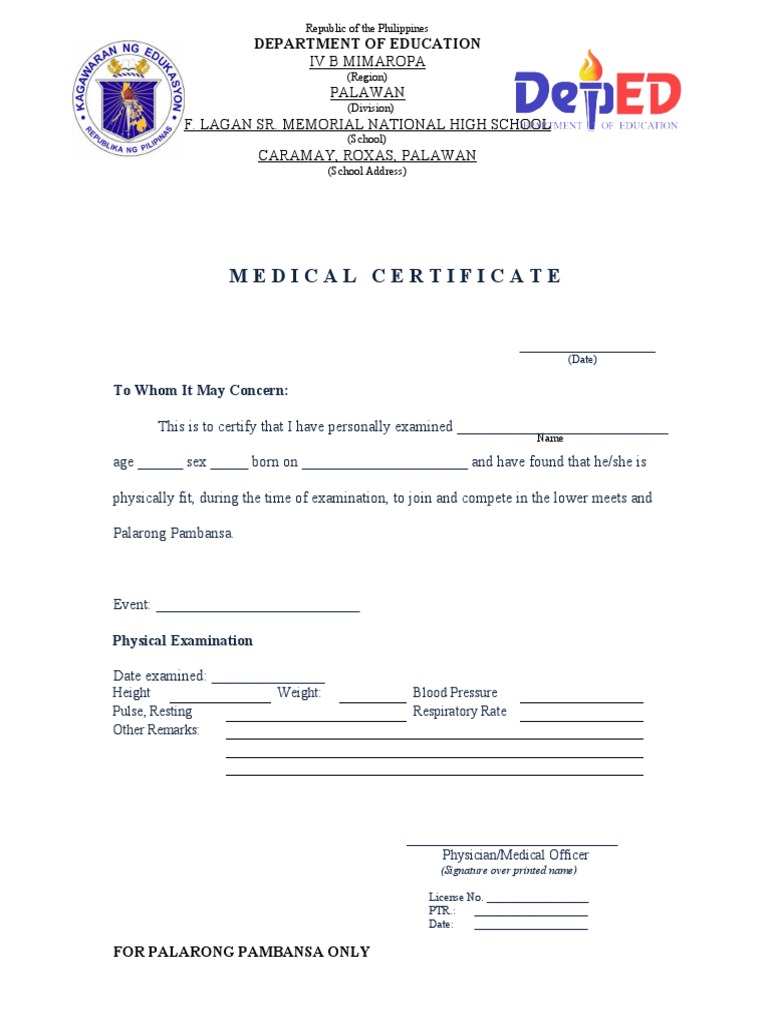 Medical Certificate: Iv B Mimaropa Palawan F. Lagan Sr. Memorial ...
