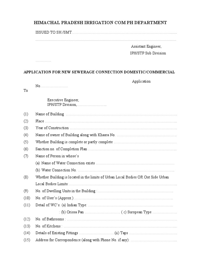 Application For New Sewerage Connection Domestic - Commercial | PDF ...