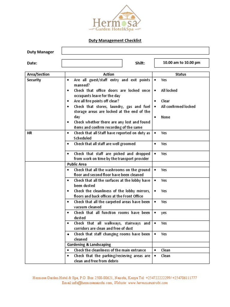Duty Management Checklist Duty Manager Date: Shift:: 10.00 Am To 10.00 ...