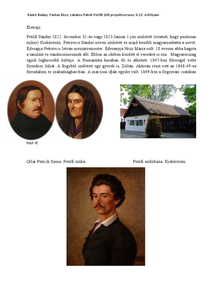 Ráskó Balázs, Farkas Ákos, Lakatos Patrik Petőfi 200 Projektverseny 9-12. Évfolyam | PDF