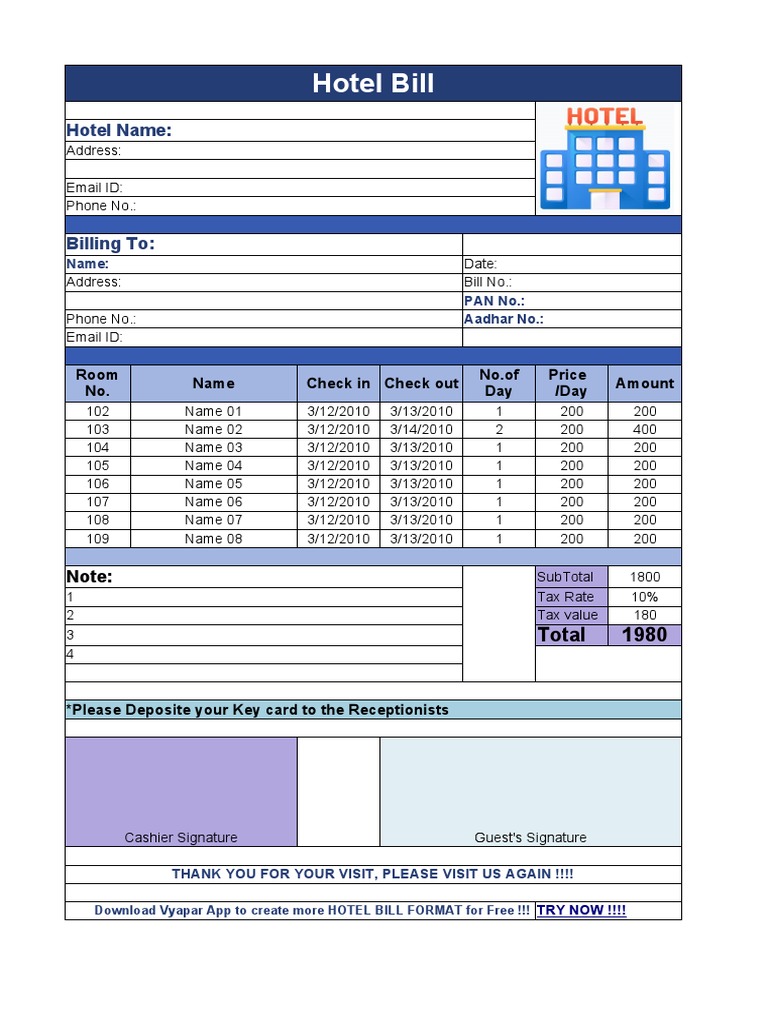 Hotel Bill Format and Template Guide | PDF