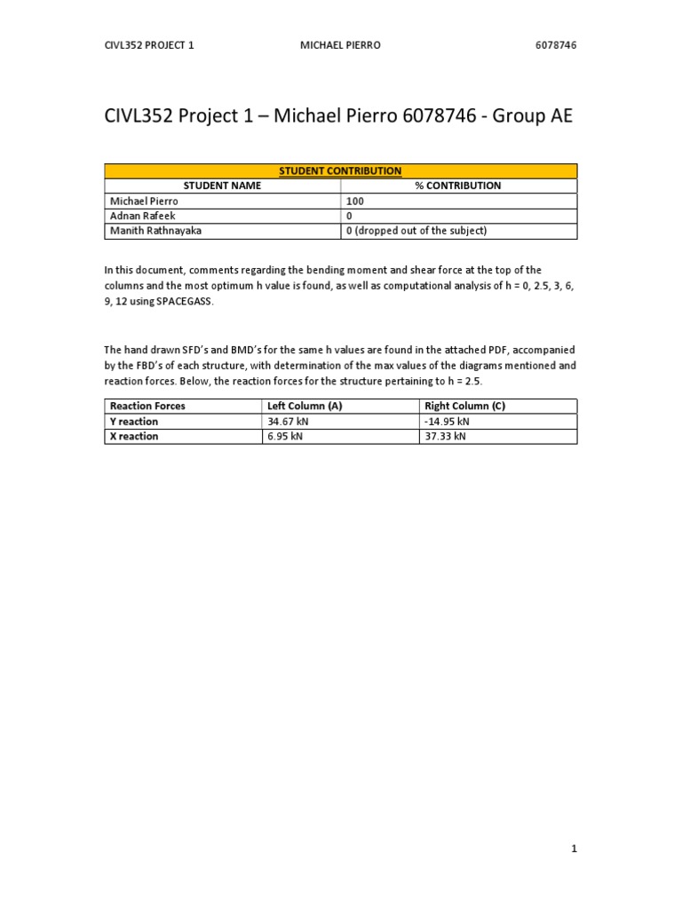 CIVL352 Project 1 Hand Calcs + SFD, BMD | PDF | Mechanical Engineering ...