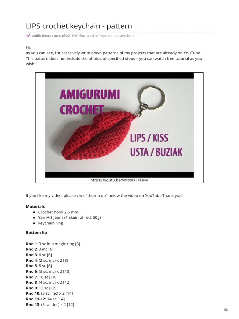 Crochet Lips Keychain Pattern | PDF