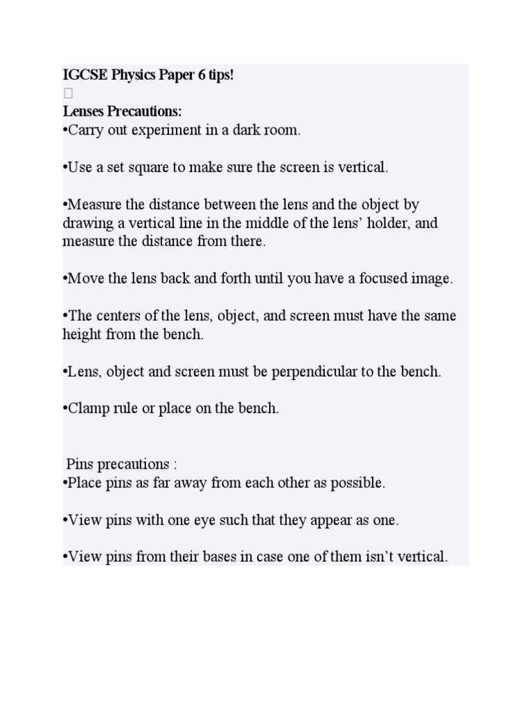 Igcse Physics Paper 6 Tips Pdf Optics Equipment
