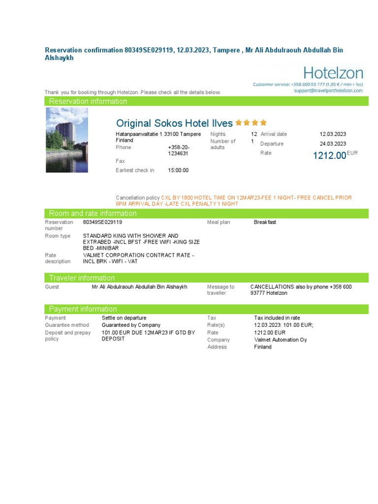 Hotelzon Reservation Confirmation | PDF