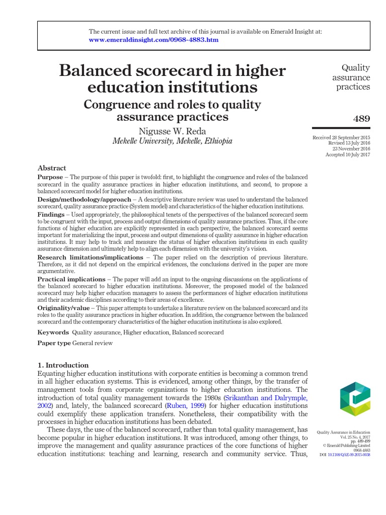 Balanced Scorecard in Higher Education Institutions: Congruence and ...