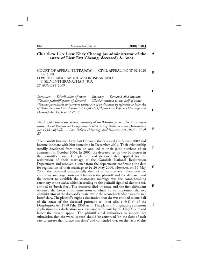 Chia Siew Li V Liew Khey Cheong (As Administrator of The Estate of Liew ...