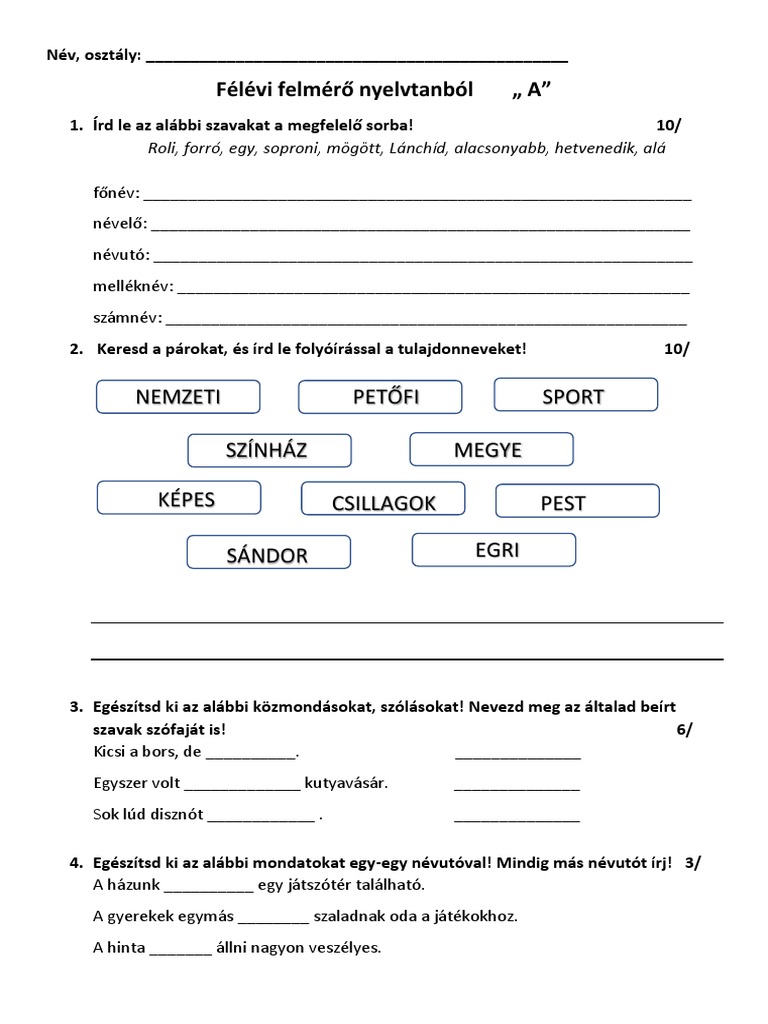 Félévi Nyelvtan Felmérés 2023 4. Osztály AB | PDF