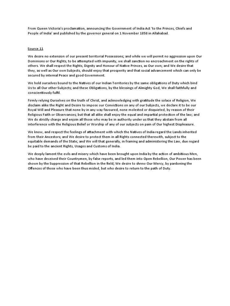Queen Victoria's proclamation on respecting Indian rights and religions ...