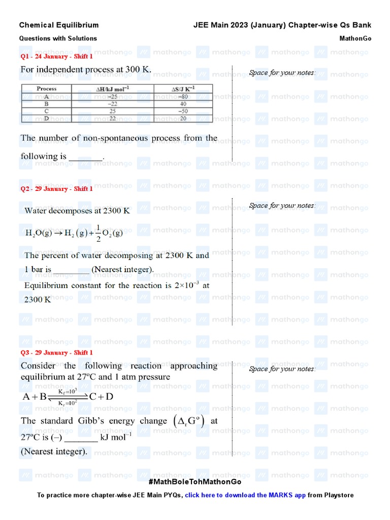 Chemical Equilibrium - JEE Main 2023 January Chapter wise Questions by MathonGo | PDF