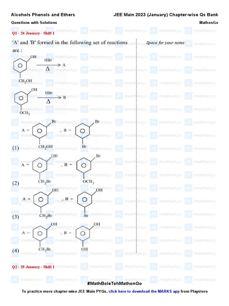 Alcohols Phenols and Ethers - JEE Main 2023 January Chapter Wise Questions by MathonGo | PDF