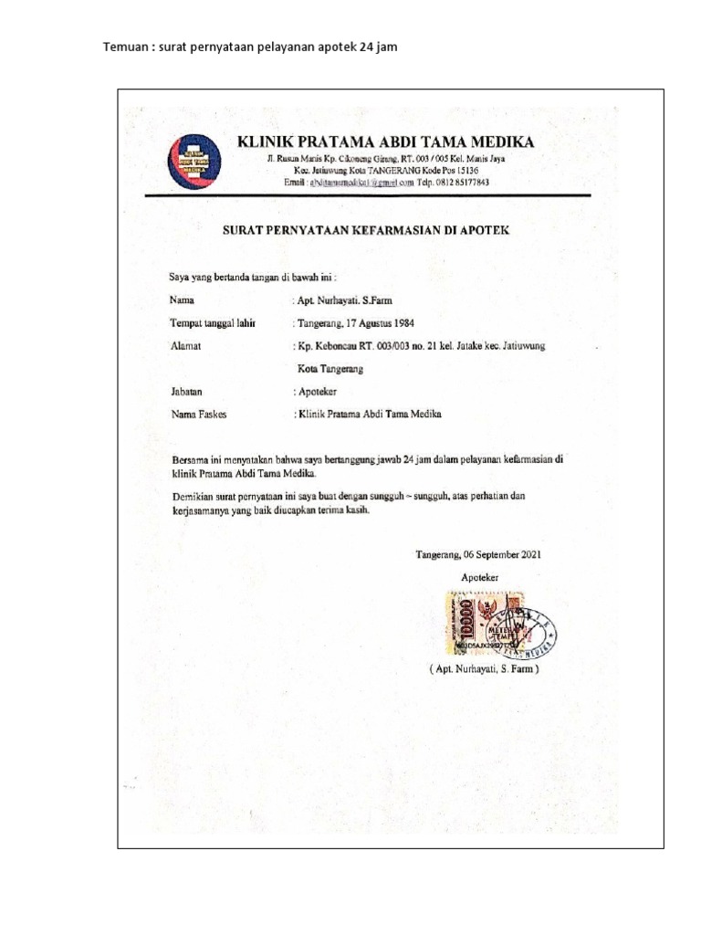Temuan: Surat Pernyataan Pelayanan Apotek 24 Jam | PDF