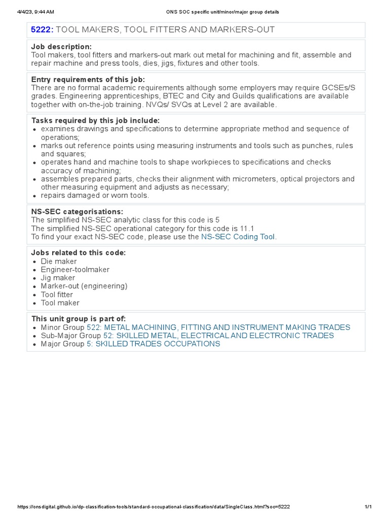 Tool Makers, Tool Fitters and Markers-Out: Job Description | PDF