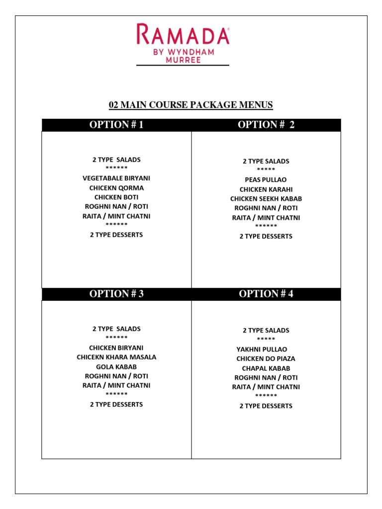 Ramada Murree Main Course Menu Options | PDF | Cooking, Food & Wine
