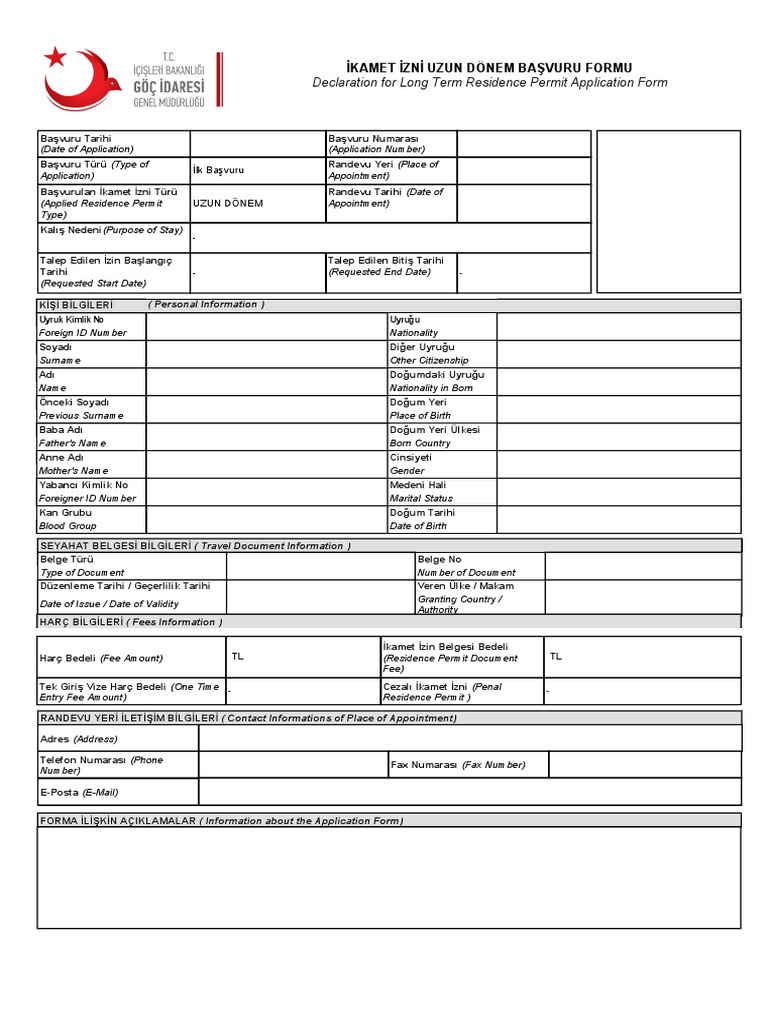 Declaration For Long Term Residence Permit Application Form: İkamet ...
