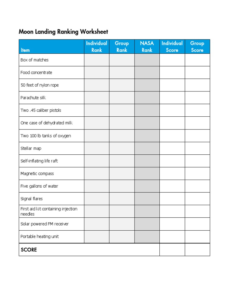 Moon Landing Ranking Worksheet: Item Individual Rank Group Rank Nasa ...