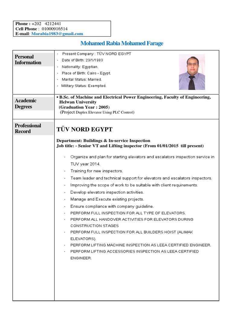 Mohamed Rabia Mohamed Farage Resume: An Experienced Elevator and ...