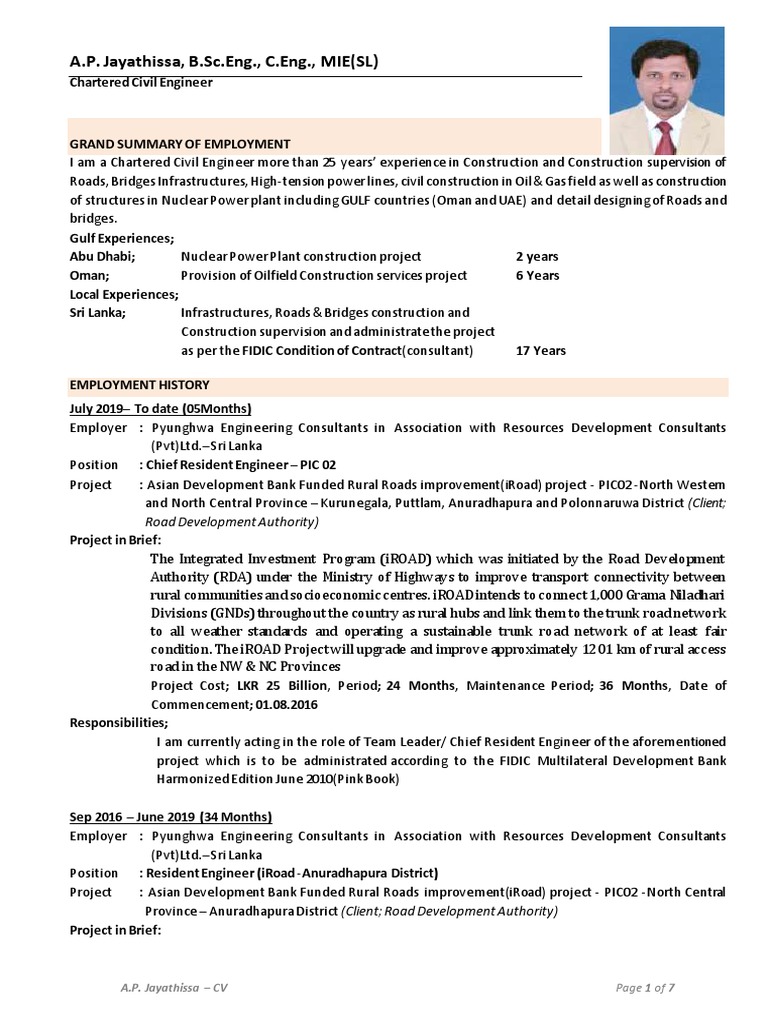 A Summary of Civil Engineering Experience and Project Management ...