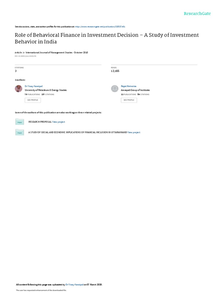 Role of Behavioral Finance in Investment Decision - A Study of ...