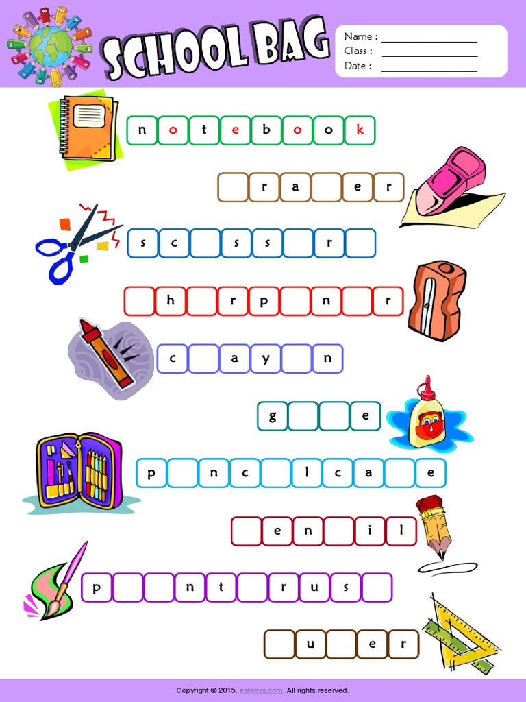 In My Schoolbag Esl Vocabulary Missing Letters in Words Worksheet For ...