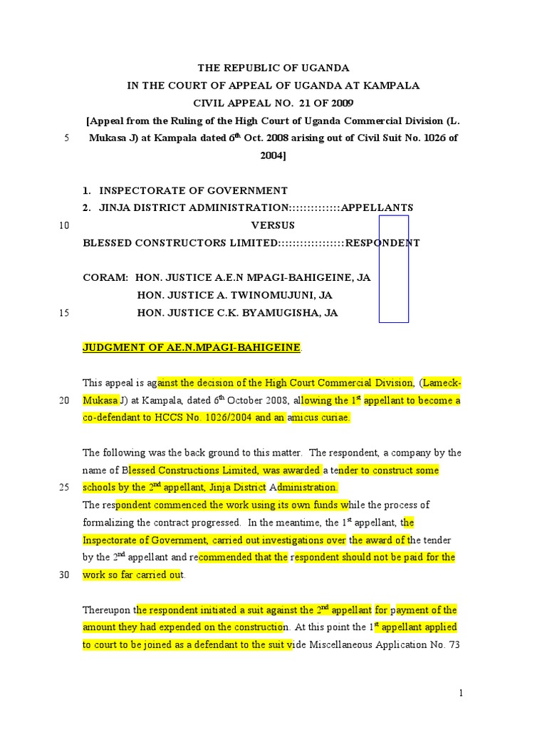 IGG & Jinja District Administration Vs Blessed Contractors | PDF ...