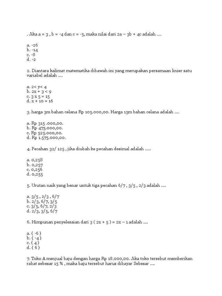 Latihan Soal Ulangan Matematika | PDF | Sains & Matematika