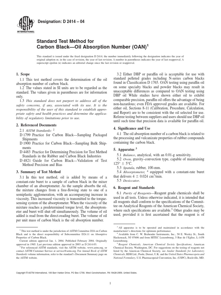 Carbon Black-Oil Absorption Number (OAN) : Standard Test Method For ...