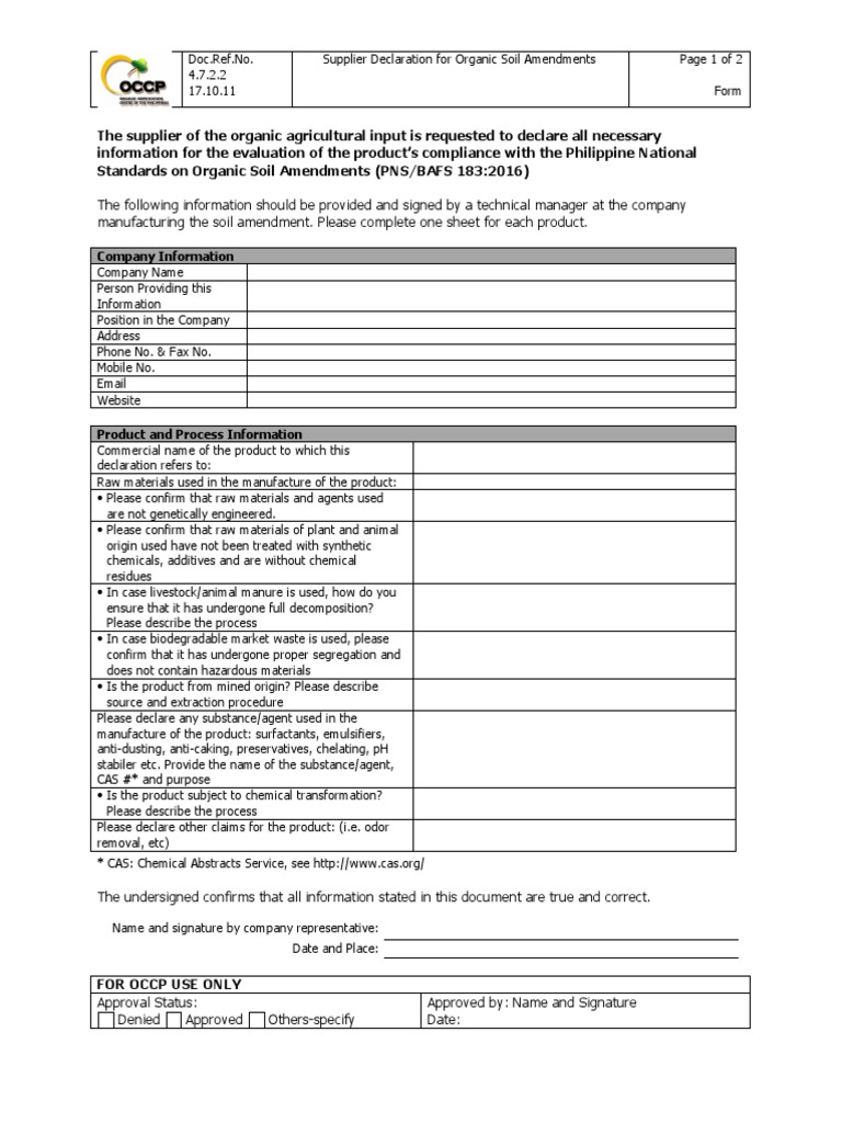 4.7.2.2 Supplier Declaration-OSA OCCP-QM 17.10.11 | PDF | Soil | Information