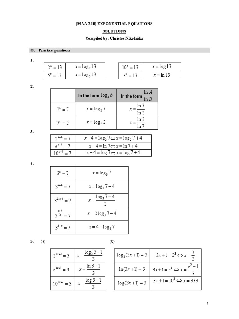 Exponential Equations Practice Solutions | PDF | Logarithm ...
