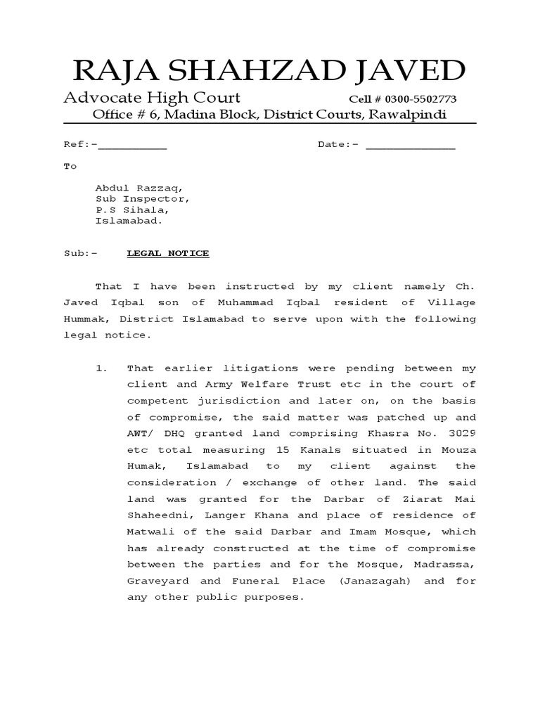 Legal Notice Defamation Raja Shahzad | PDF | Justice | Crime & Violence