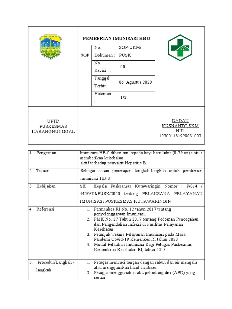 Sop Pemberian Imunisasi HB-0 | PDF