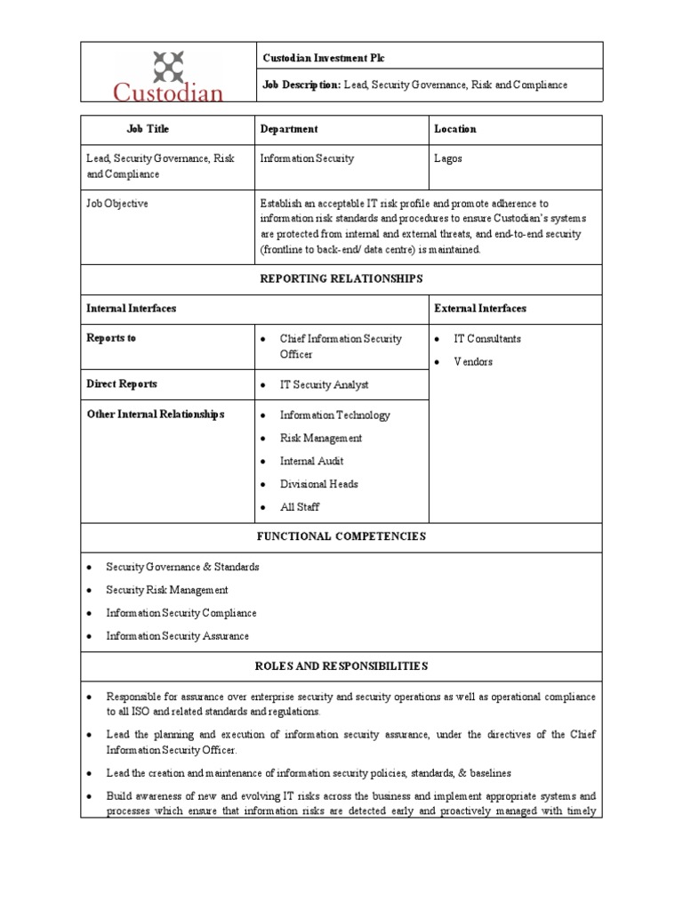 Lead Security Governance Job Description | PDF | Information Security ...